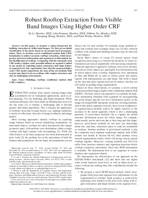 (PDF) Robust Rooftop Extraction From Visible Band Images Using Higher Order CRF