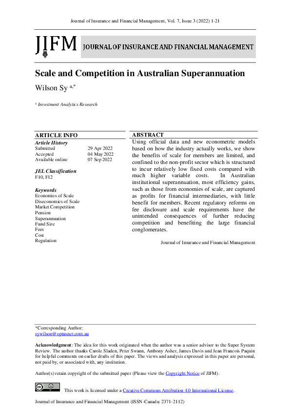 (PDF) Scale and Competition in Australian Superannuation