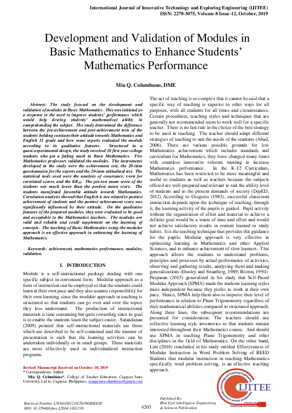 (PDF) Development and Validation of Modules in Basic Mathematics to ...