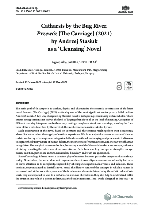 (PDF) Catharsis by the Bug River. Przewóz [The Carriage] (2021) by Andrzej Stasiuk as a ...