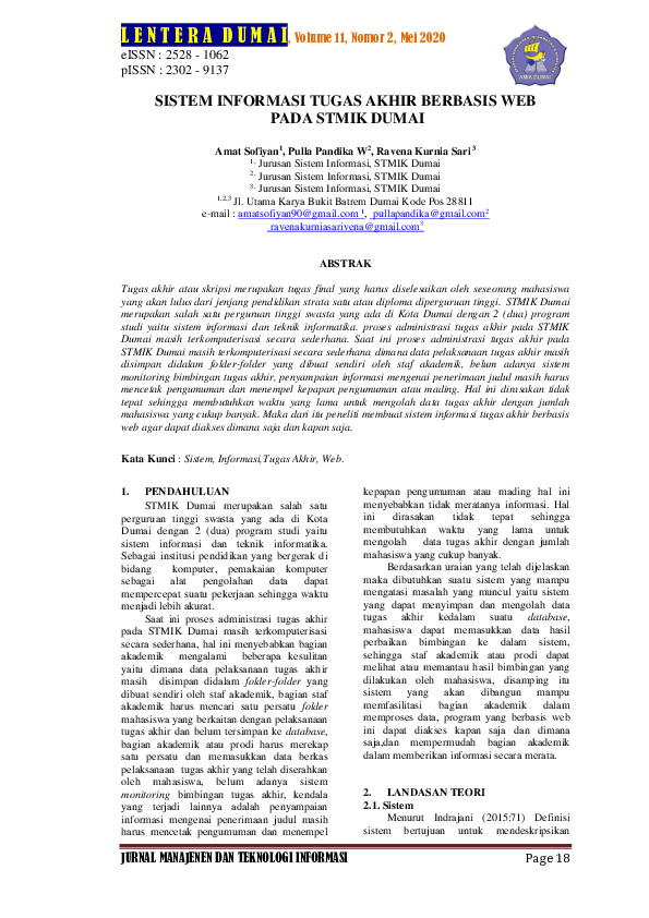 (PDF) Sistem Informasi Tugas Akhir Berbasis Web Pada Stmik Dumai