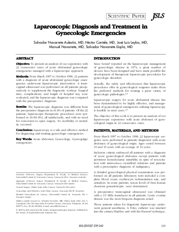 (PDF) Laparoscopic diagnosis and treatment in gynecologic emergencies