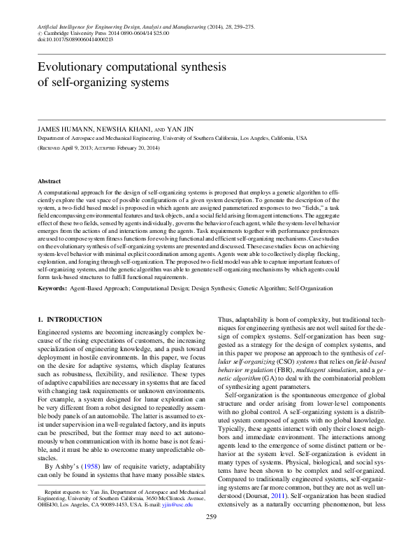 Pdf Evolutionary Computational Synthesis Of Self Organizing Systems