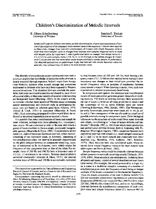 (PDF) Children's discrimination of melodic intervals | Glenn ...
