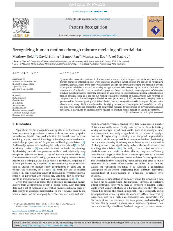 Pdf Recognizing Human Motions Through Mixture Modeling Of Inertial Data 