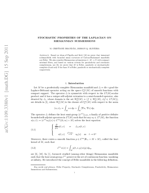 Pdf Stochastic Properties Of The Laplacian On Riemannian Submersions