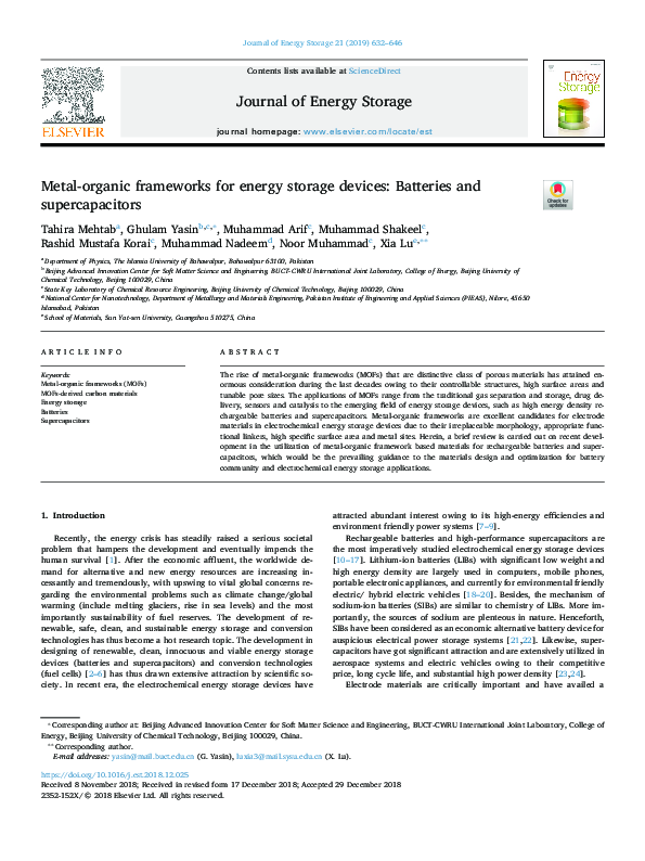 Pdf Metal Organic Frameworks For Energy Storage Devices Batteries And Supercapacitors