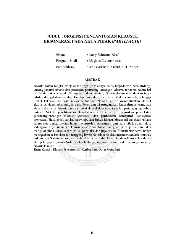 (PDF) Urgensi Pencantuman Klausul Eksonerasi pada Akta Pihak (Partij Acte)