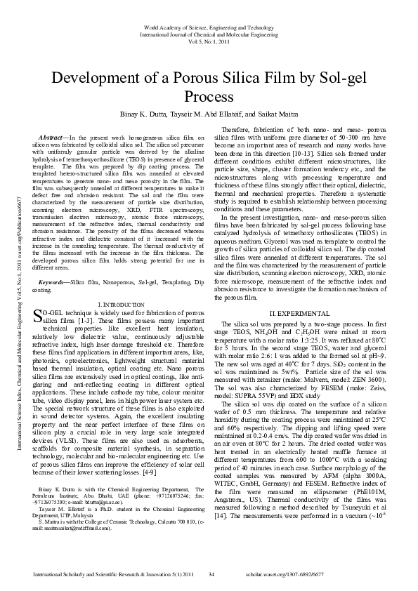 (PDF) Development Of A Porous Silica Film By Sol-Gel Process
