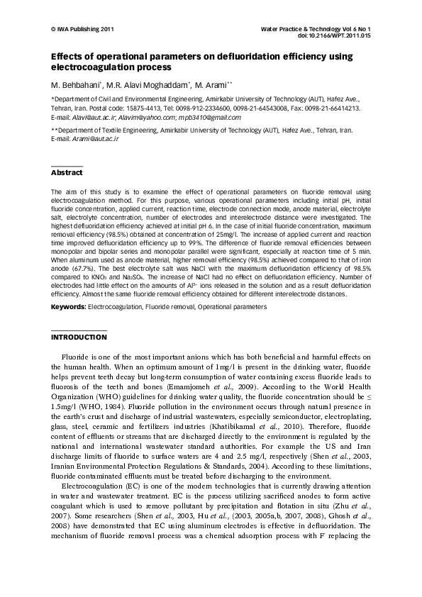 (PDF) Effects of operational parameters on defluoridation efficiency ...