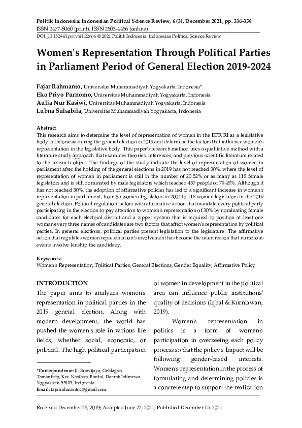(PDF) Women's Representation through Political Parties in Parliament ...
