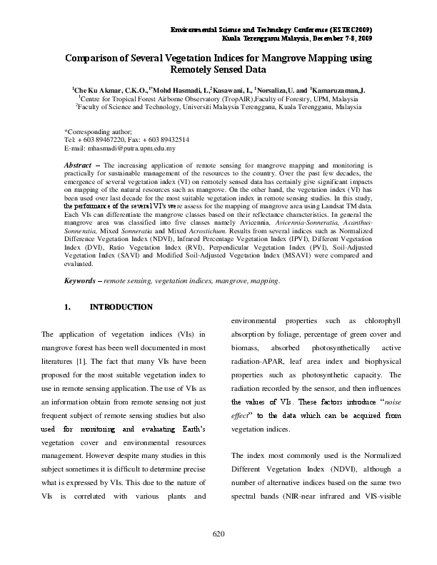 (PDF) Comparison of Several Vegetation Indices for Mangrove Mapping using Remotely Sensed Data