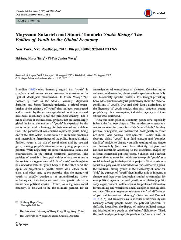 (PDF) Mayssoun Sukarieh and Stuart Tannock: Youth Rising? The Politics ...