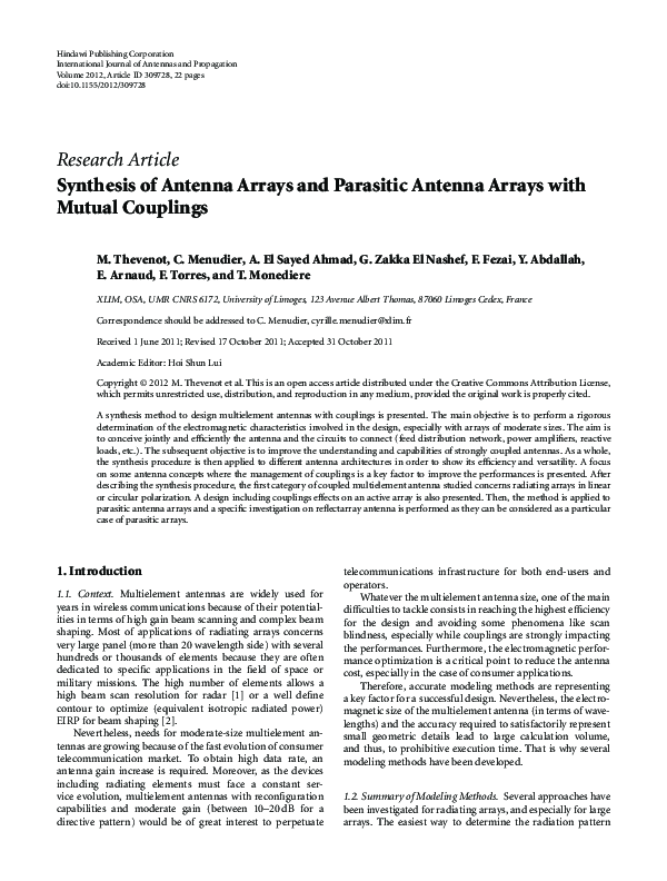 (PDF) Synthesis of Antenna Arrays and Parasitic Antenna Arrays with Mutual Couplings