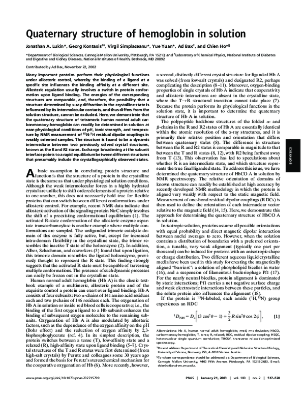 Quaternary structure of hemoglobin in solution
