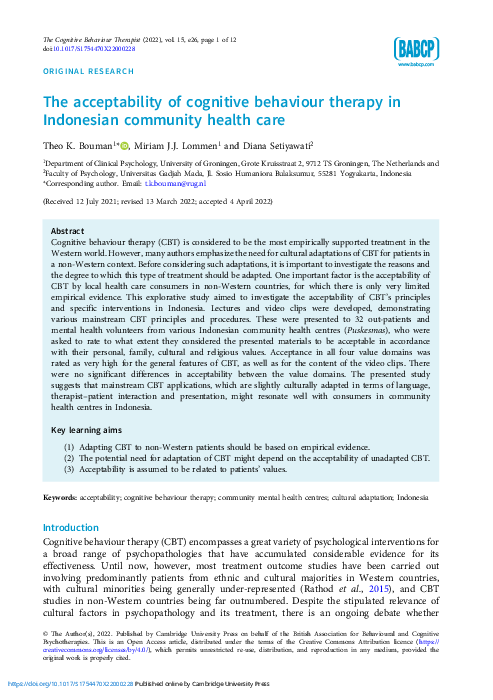 (PDF) The acceptability of cognitive behaviour therapy in Indonesian community health care