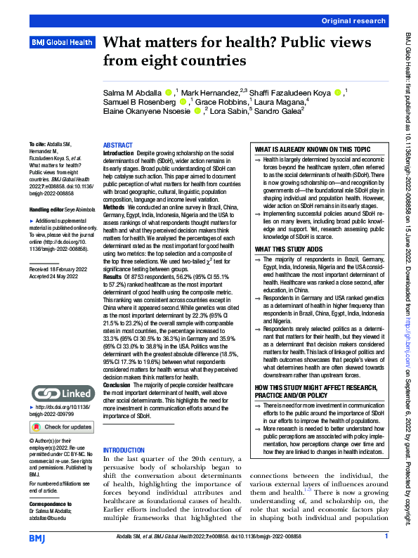 (PDF) What matters for health? Public views from eight countries