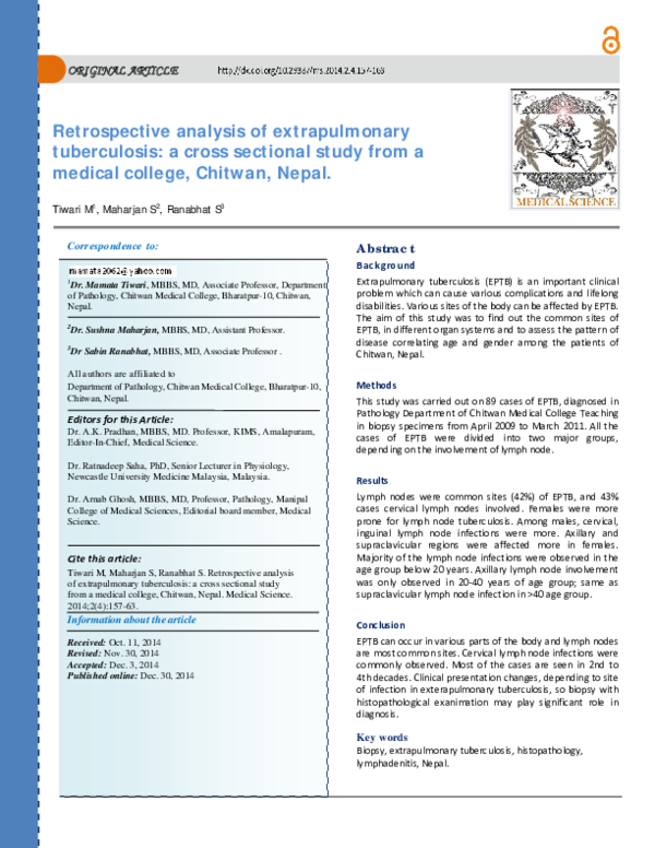 (PDF) Retrospective Analysis of Extrapulmonary Tuberculosis:A Cross ...