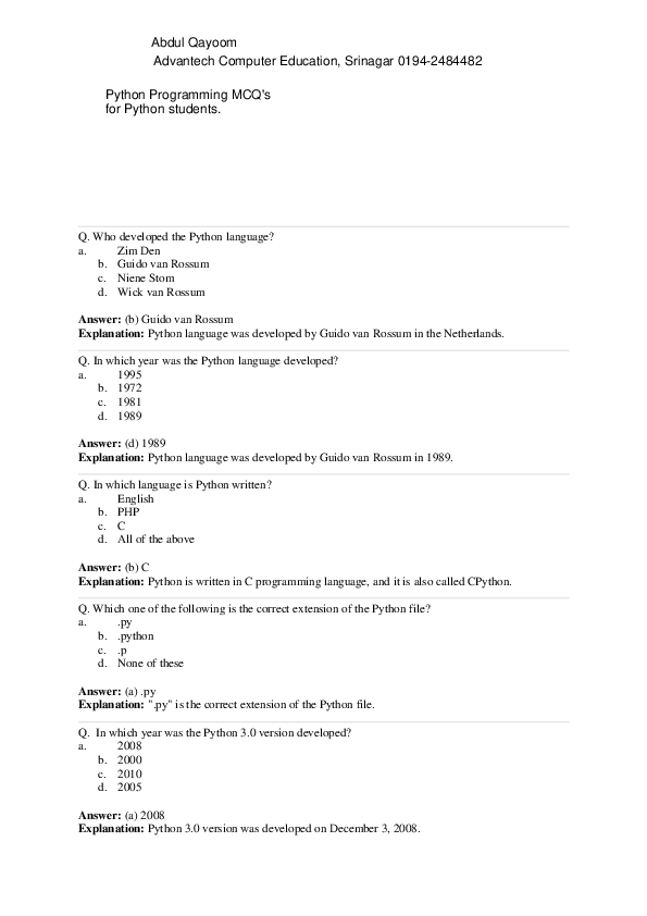 Pdf Q Who Developed The Python Language A Zim Den B Guido Van Rossum C Niene Stom D Wick