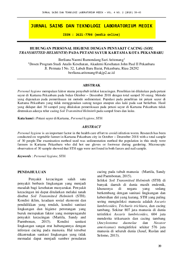 (PDF) Hubungan Personal Higiene Dengan Penyakit Cacing (Soil Transmitted Helminth) Pada Petani ...