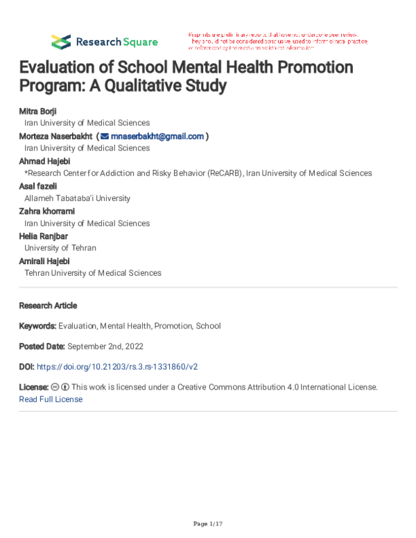 Pdf Evaluation Of School Mental Health Promotion Program A
