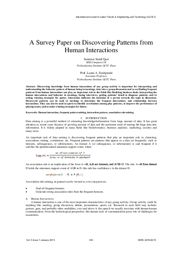 (PDF) A Survey Paper on Discovering Patterns from Human Interactions