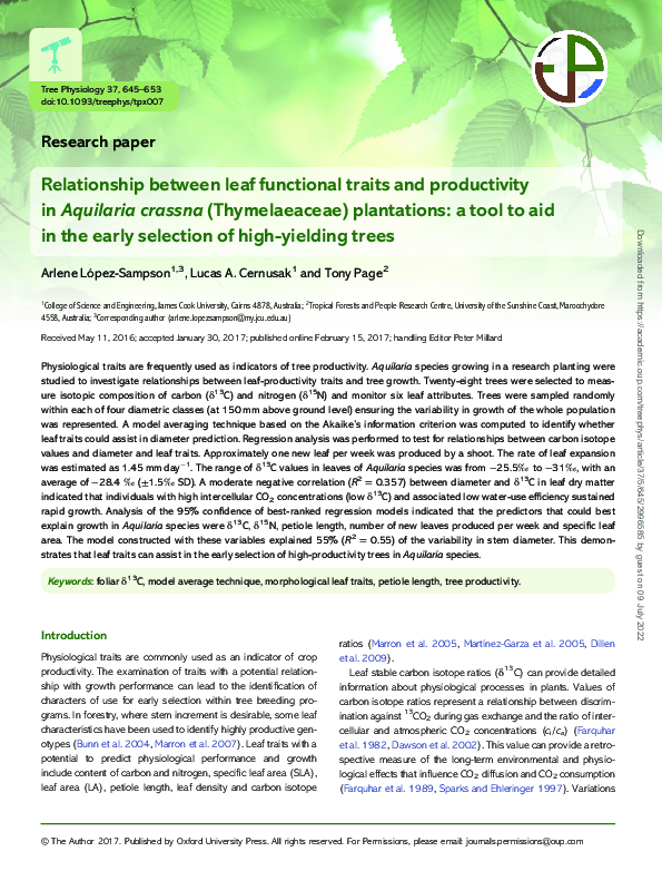(PDF) Relationship between leaf functional traits and productivity in ...