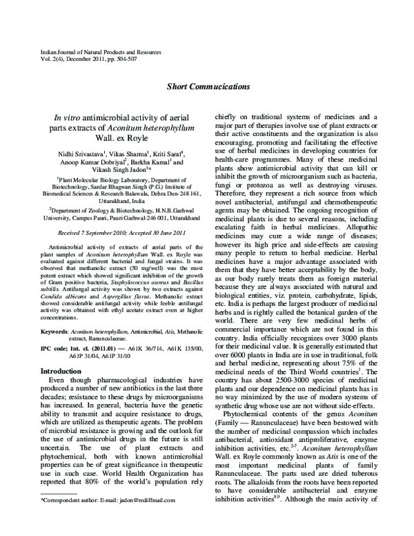 (PDF) In vitro antimicrobial activity of aerial parts extracts of ...