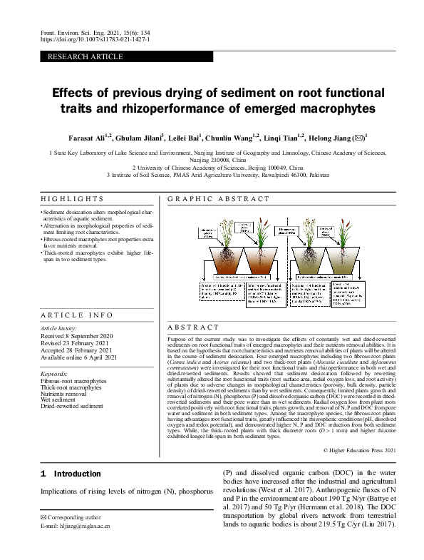 (PDF) Effects of previous drying of sediment on root functional traits ...