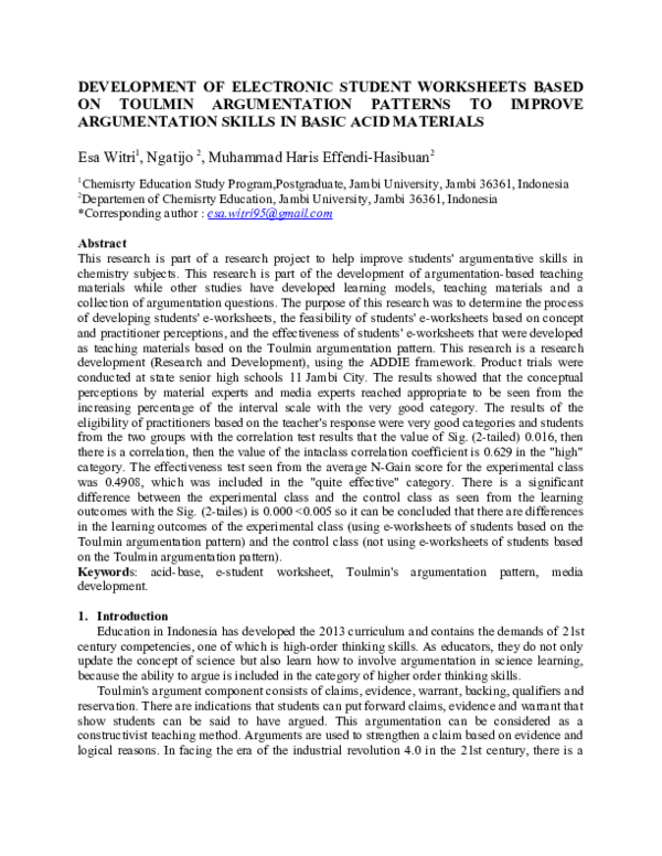 (DOC) DEVELOPMENT OF ELECTRONIC STUDENT WORKSHEETS BASED ON TOULMIN ARGUMENTATION PATTERNS TO ...