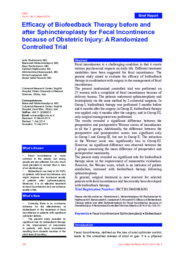 (PDF) Efficacy of Biofeedback Therapy before and after Sphincteroplasty for Fecal Incontinence ...