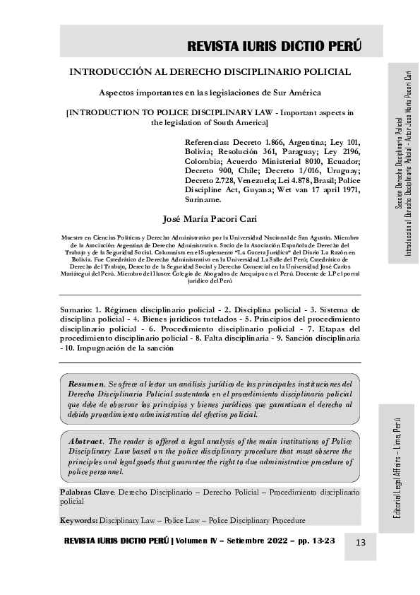 (PDF) INTRODUCCIÓN AL DERECHO DISCIPLINARIO POLICIAL - AUTOR JOSÉ MARÍA PACORI CARI