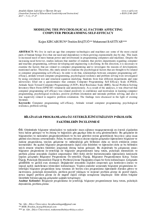 Pdf Psychological Factors In Programming Self Efficacy
