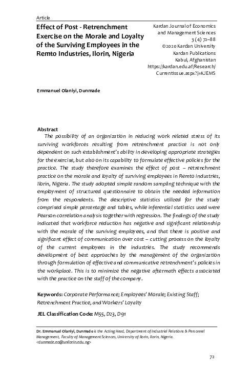 (PDF) Effect of Post - Retrenchment Exercise on the Morale and Loyalty ...