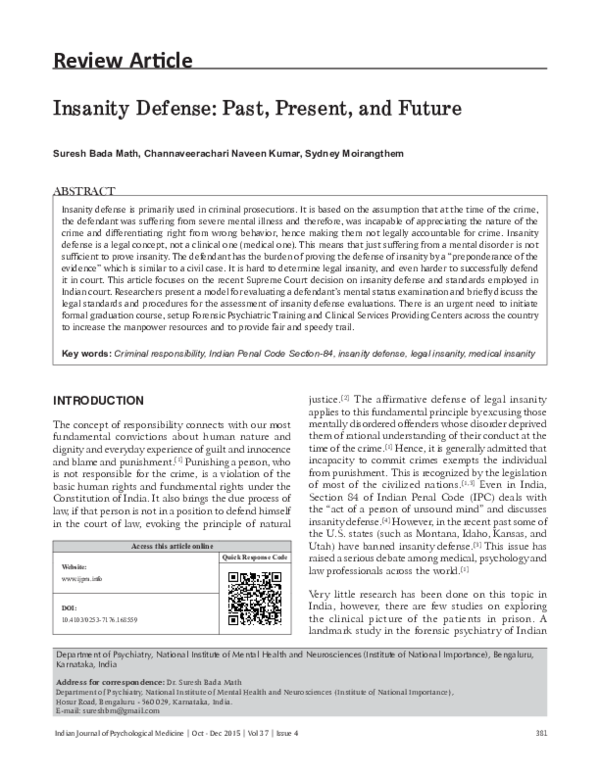 (PDF) Insanity Defense: Past, Present, and Future