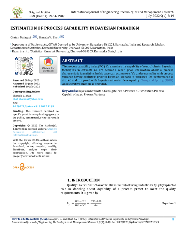 Pdf Estimation Of Process Capability In Bayesian Paradigm