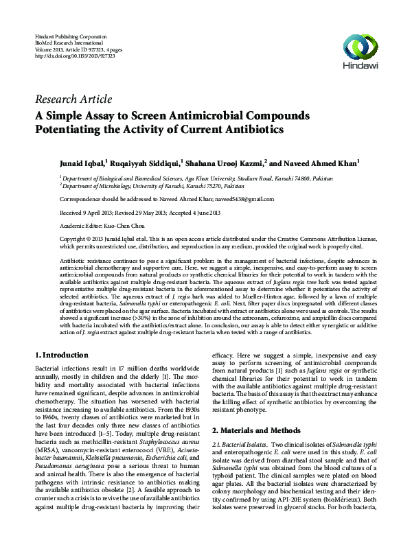 (PDF) A Simple Assay to Screen Antimicrobial Compounds Potentiating the ...