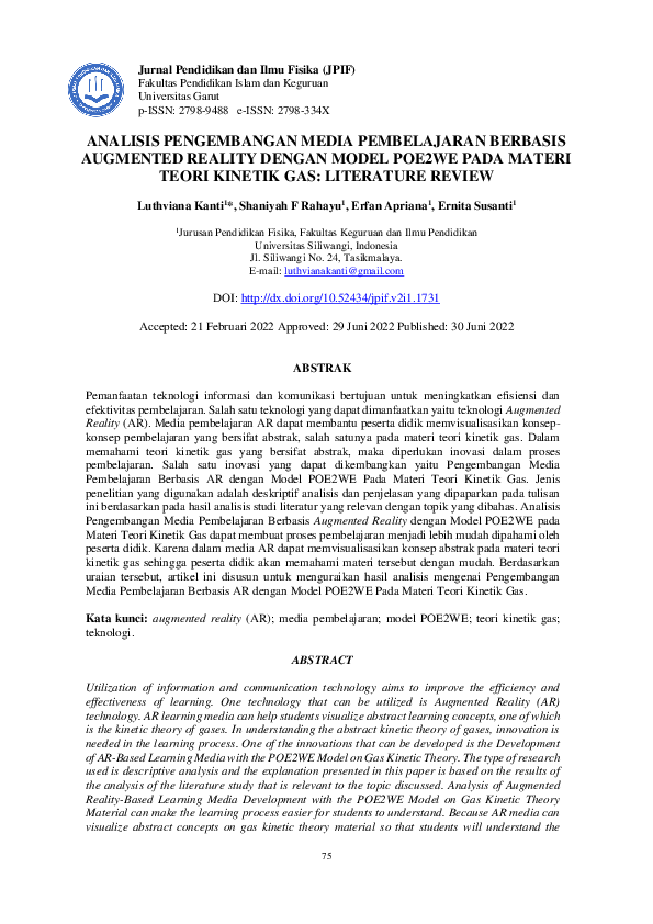 (PDF) Analisis Pengembangan Media Pembelajaran Berbasis Augmented Reality dengan Model POE2WE ...