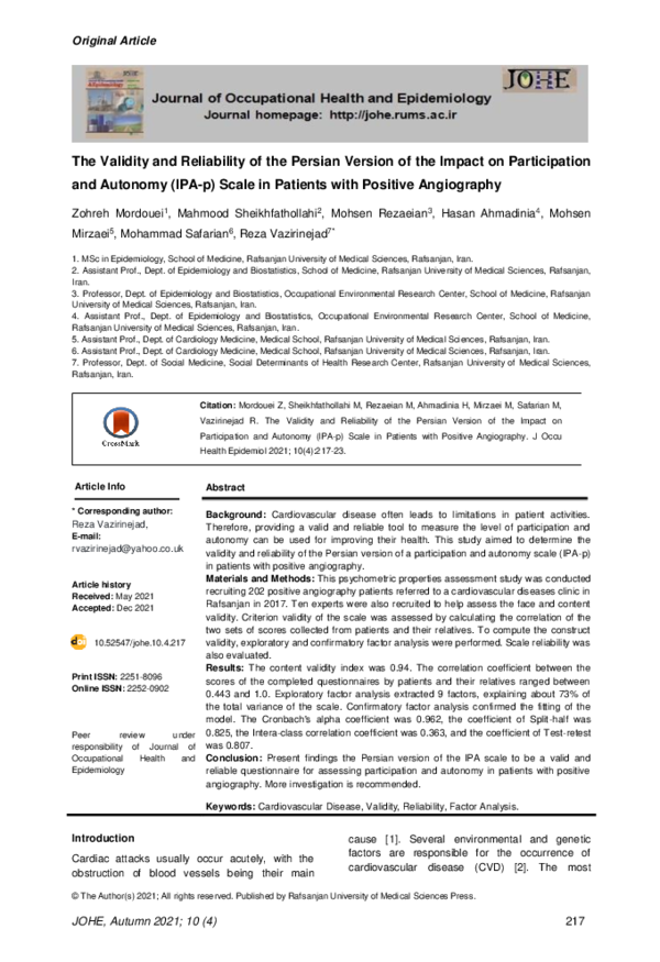 (PDF) The Validity and Reliability of the Persian Version of the Impact on Participation and ...