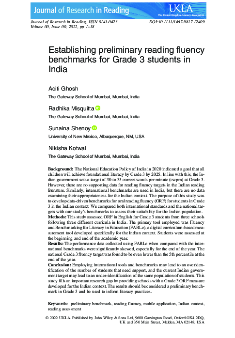 (PDF) Establishing preliminary reading fluency benchmarks for Grade 3 students in India