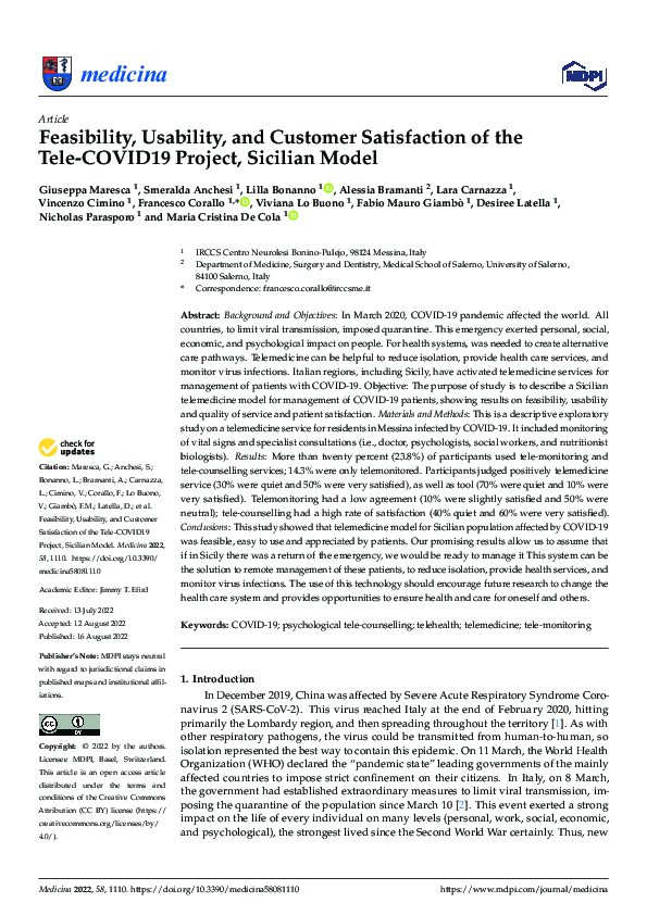 (PDF) Feasibility, Usability, and Customer Satisfaction of the Tele-COVID19 Project, Sicilian Model