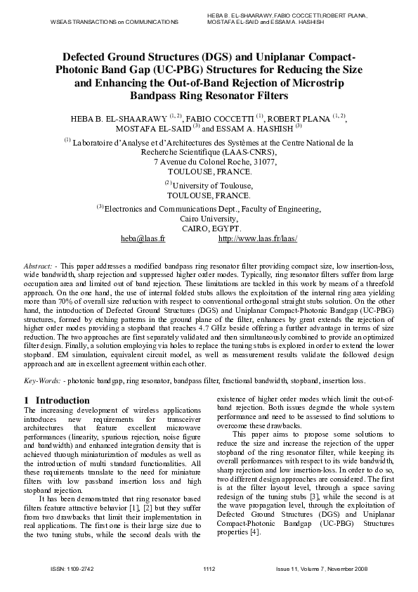 (PDF) Defected ground structures (DGS) and uniplanar compact-photonic ...
