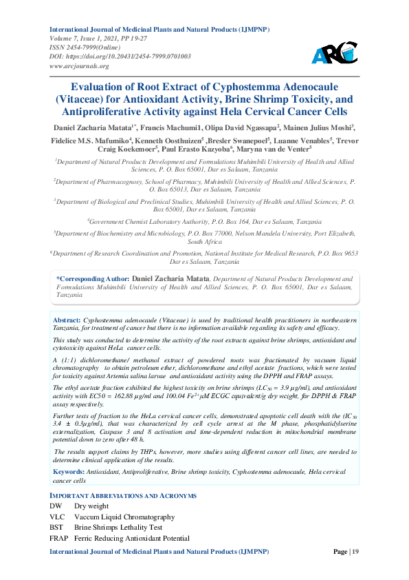(PDF) Evaluation of Root Extract of Cyphostemma Adenocaule (Vitaceae ...