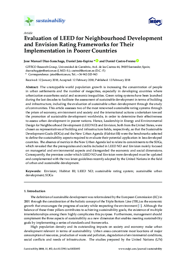 (PDF) Evaluation of LEED for Neighbourhood Development and Envision Rating Frameworks for Their ...