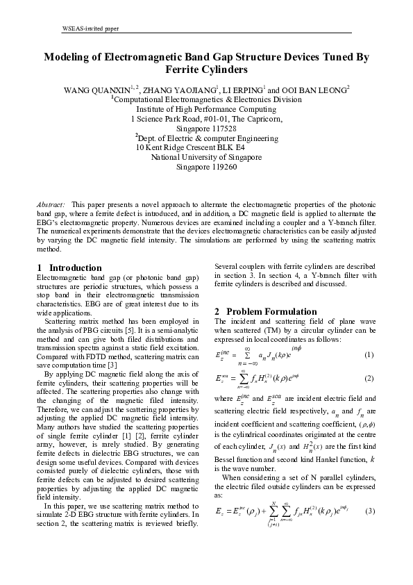 (PDF) Modeling of electromagnetic band gap structure devices tuned by ferrite cylinders