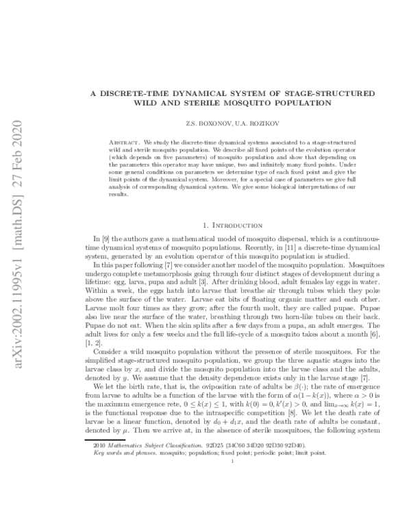Pdf A Discrete Time Dynamical System Of Stage Structured Wild And Sterile Mosquito Population