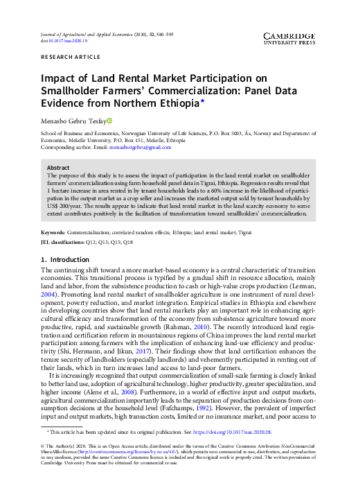 (PDF) Impact of Land Rental Market Participation on Smallholder Farmers ...