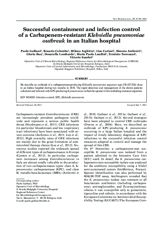 (PDF) Successful containment and infection control of a Carbapenem ...