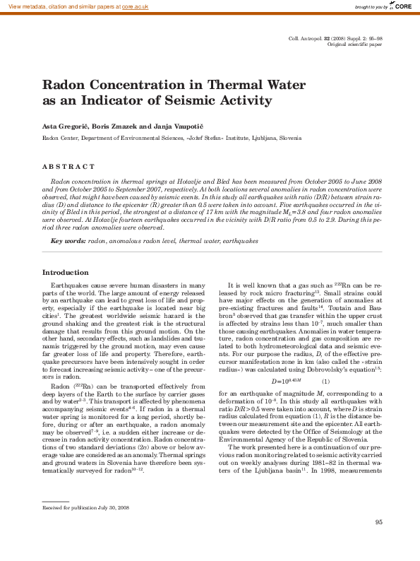 (PDF) Radon concentration in thermal water as an indicator of seismic ...
