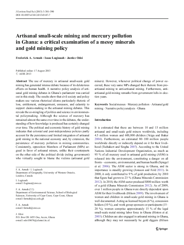 (PDF) Artisanal small-scale mining and mercury pollution in Ghana: a critical examination of a ...